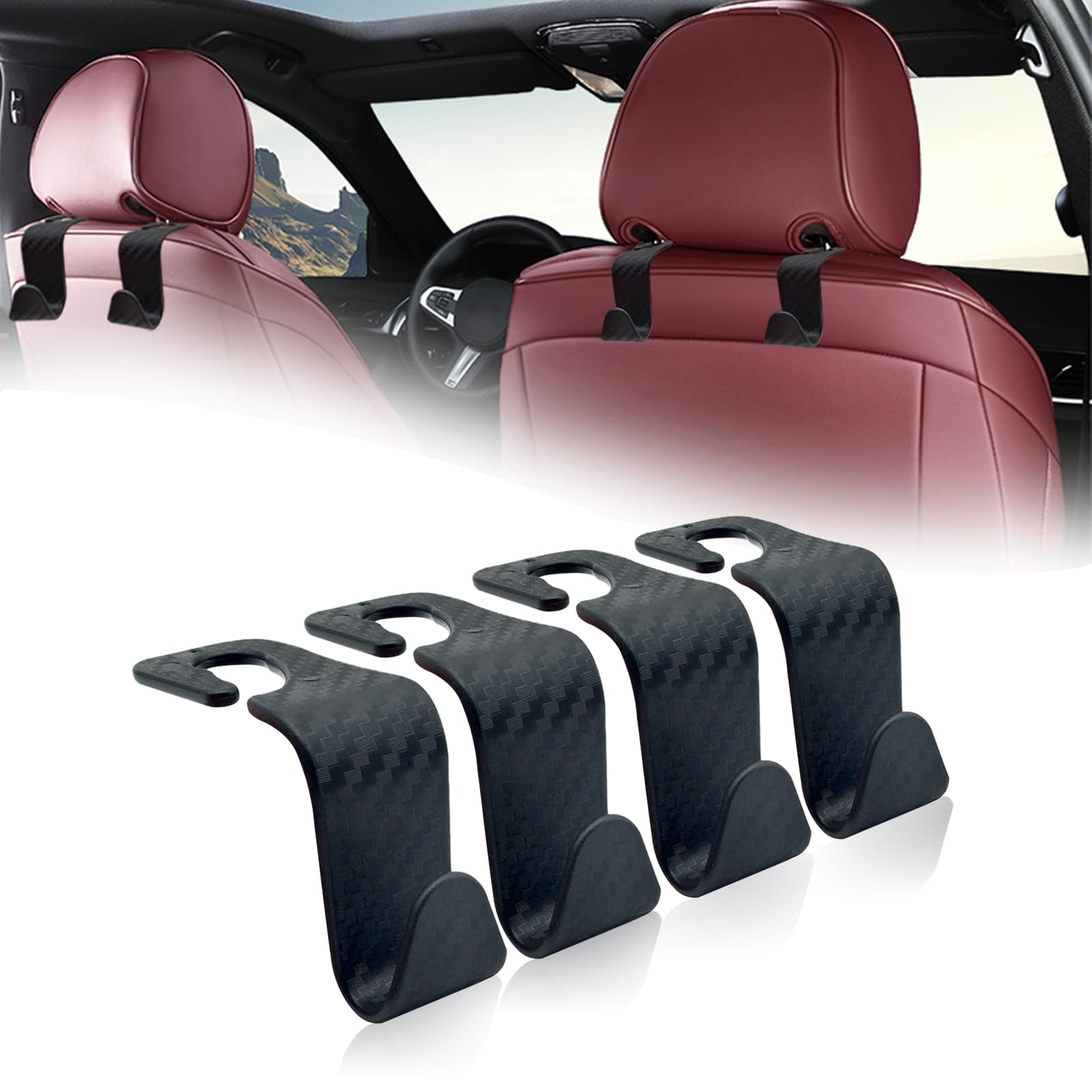 4 Packs Car Back Seat Headrest Hanger, Universal Vehicle Storage Organizer, Stylish Back Seat Hanger for Your Purse, Grocery Bags, Handbag to Keep Them from Sliding Around While Driving, Carbon Fiber