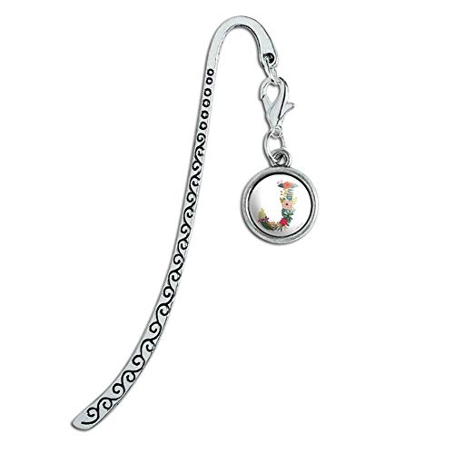 Letter J Floral Monogram Initial Metal Bookmark Page Marker with Charm