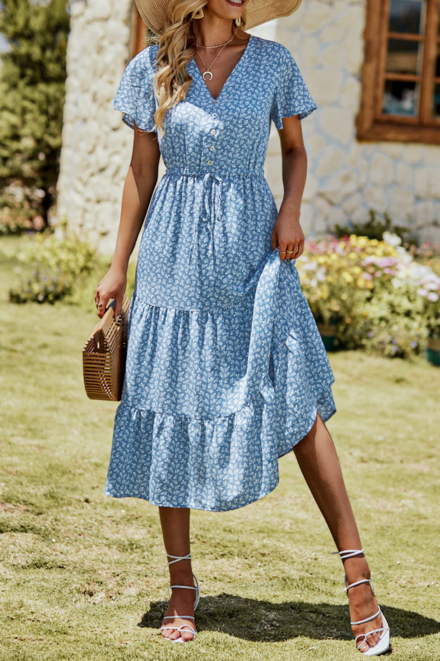 PRETTYGARDEN Women's Floral Boho Dress Casual Short Sleeve V Neck Ruffle Tiered Summer Swing Maxi Dresses(Blue,Medium)