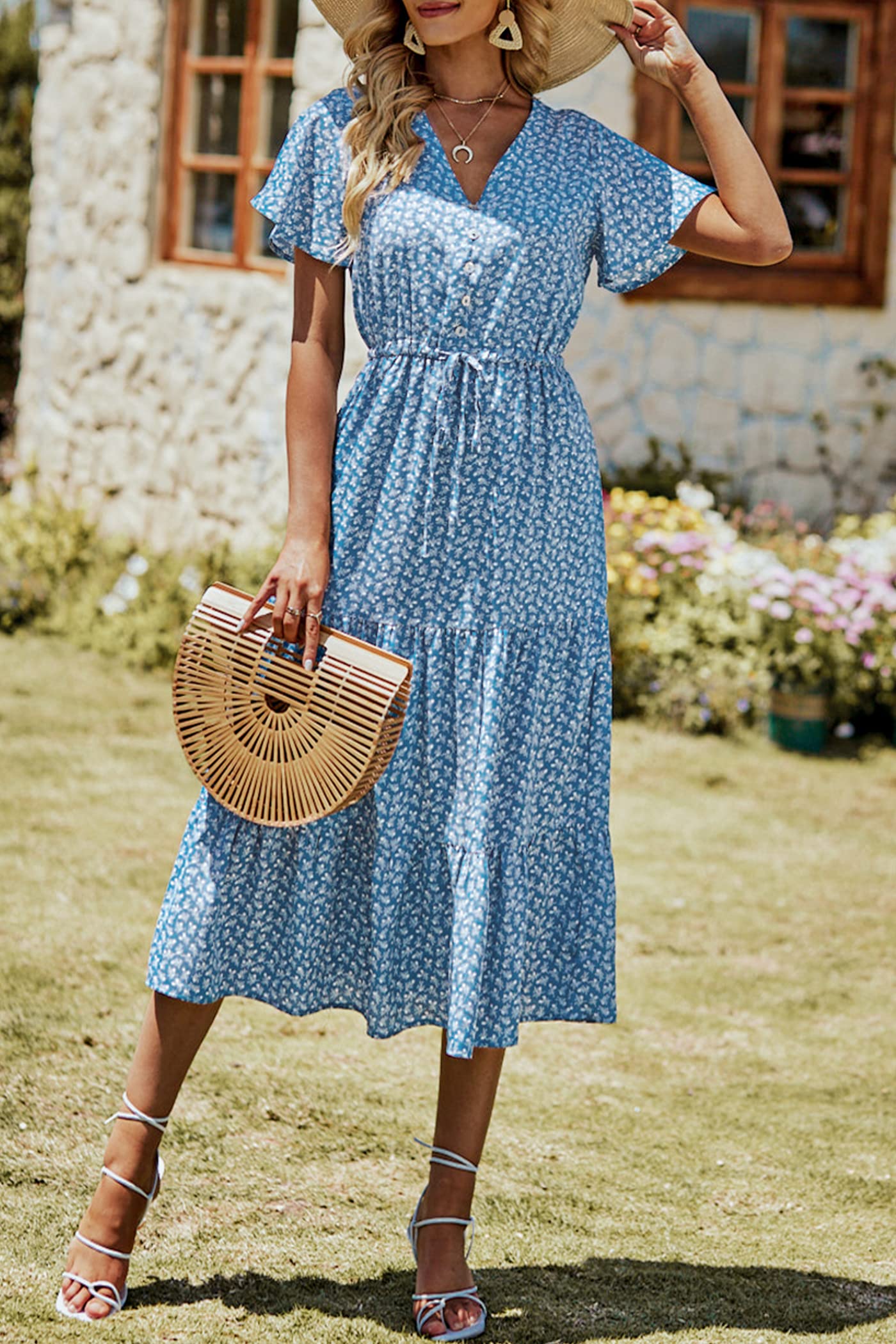 PRETTYGARDEN Women's Floral Boho Dress Casual Short Sleeve V Neck Ruffle Tiered Summer Swing Maxi Dresses(Blue,Medium)