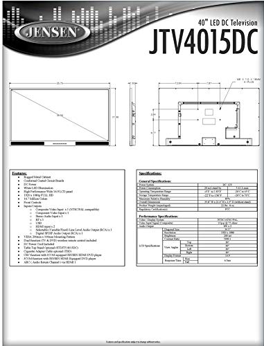 Jensen JTV4015DC Widescreen 40" LED DC Television, 1920 x 1080 Resolution, 200 cd/m2 Brightness, 5000:1 Contrast Ratio, 89° View Angles, 16:9 Display Format, 6.5ms Response Time, DC 12V Power