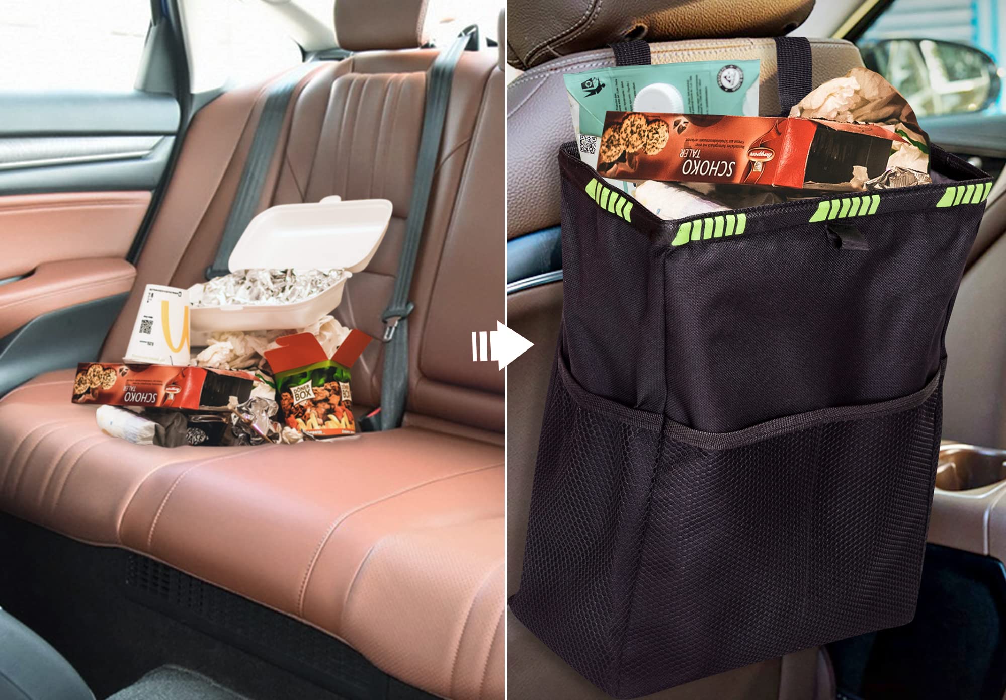 Ginsco 3.5 Gallons Large Capacity Hanging Car Trash Bag, Reusable Car Trash Can, Leakproof Car Garbage Bag, Foldable Waterproof Car Organizer Cooler with 4 Pockets for Camping Traveling