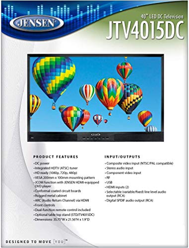 Jensen JTV4015DC Widescreen 40" LED DC Television, 1920 x 1080 Resolution, 200 cd/m2 Brightness, 5000:1 Contrast Ratio, 89° View Angles, 16:9 Display Format, 6.5ms Response Time, DC 12V Power