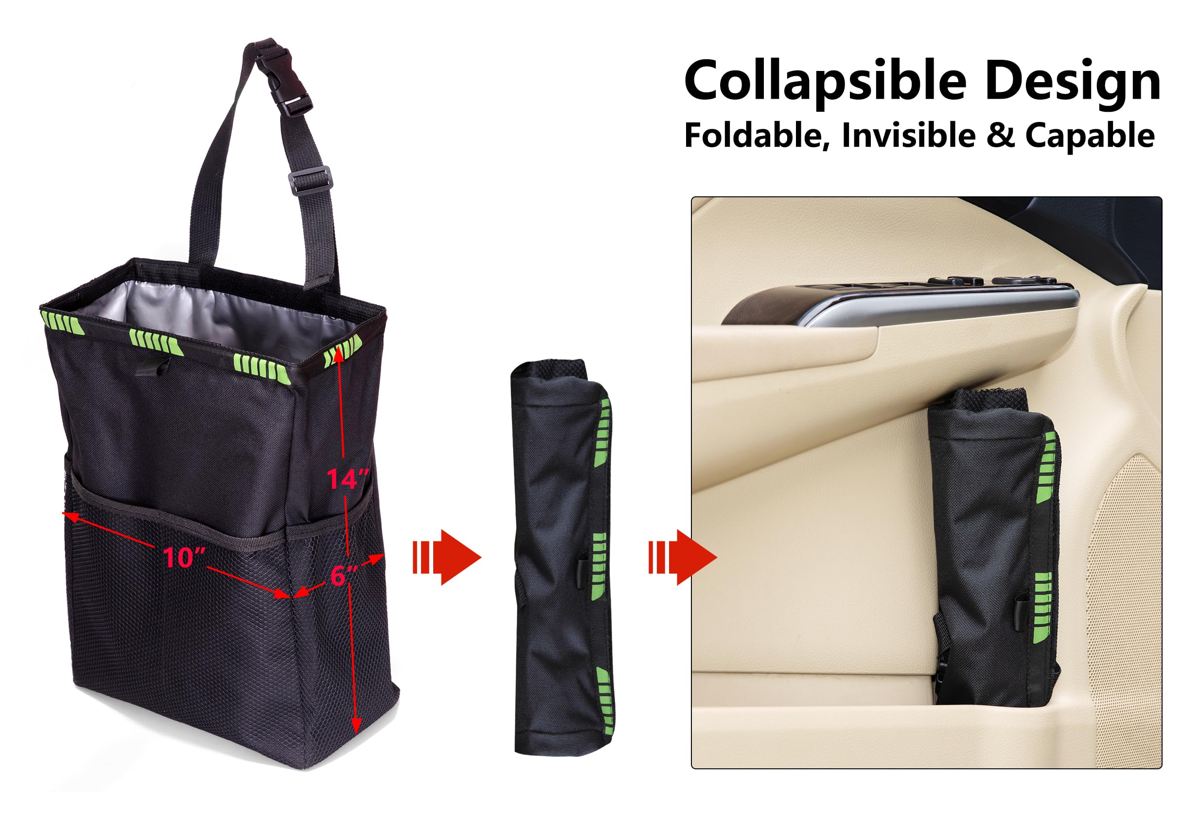 Ginsco 3.5 Gallons Large Capacity Hanging Car Trash Bag, Reusable Car Trash Can, Leakproof Car Garbage Bag, Foldable Waterproof Car Organizer Cooler with 4 Pockets for Camping Traveling