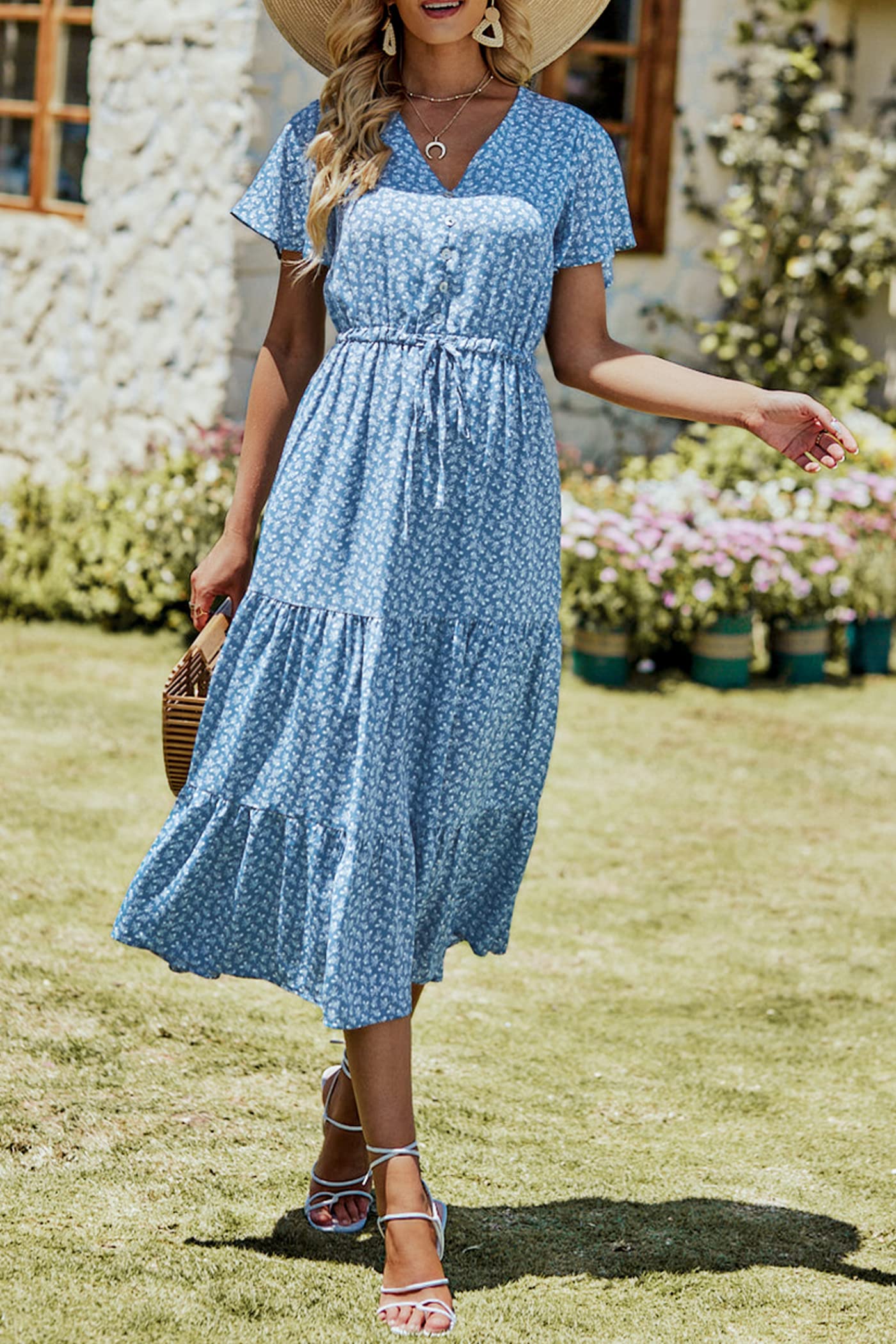 PRETTYGARDEN Women's Floral Boho Dress Casual Short Sleeve V Neck Ruffle Tiered Summer Swing Maxi Dresses(Blue,Medium)
