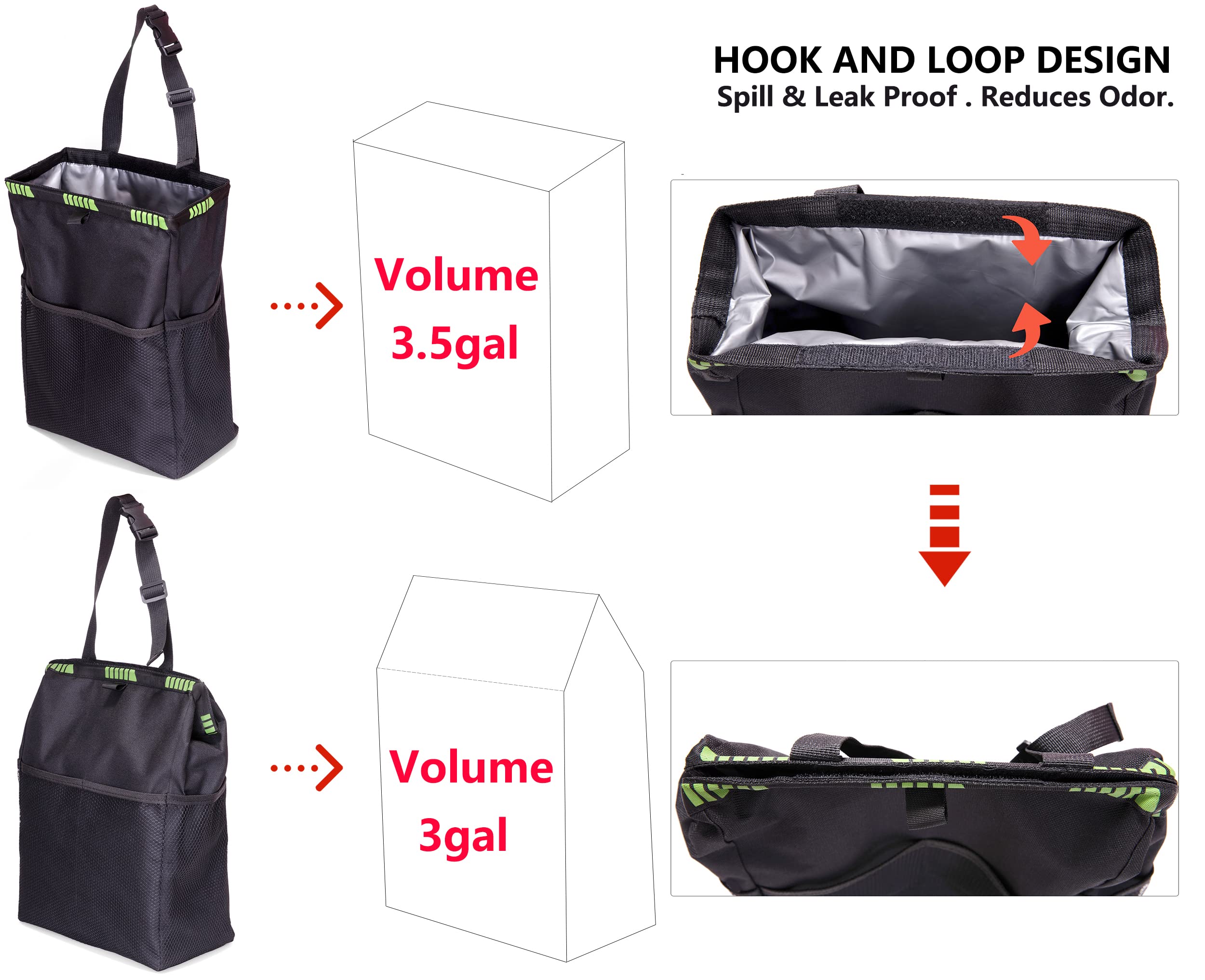 Ginsco 3.5 Gallons Large Capacity Hanging Car Trash Bag, Reusable Car Trash Can, Leakproof Car Garbage Bag, Foldable Waterproof Car Organizer Cooler with 4 Pockets for Camping Traveling