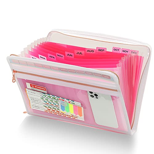 13 Pocket Expanding File Folder Organizer, Accordion File Organizer Folder, Acordian File Keeper 12 Pocket, Expandable Filing Folders for Documents, Papers Letter Size, Pink