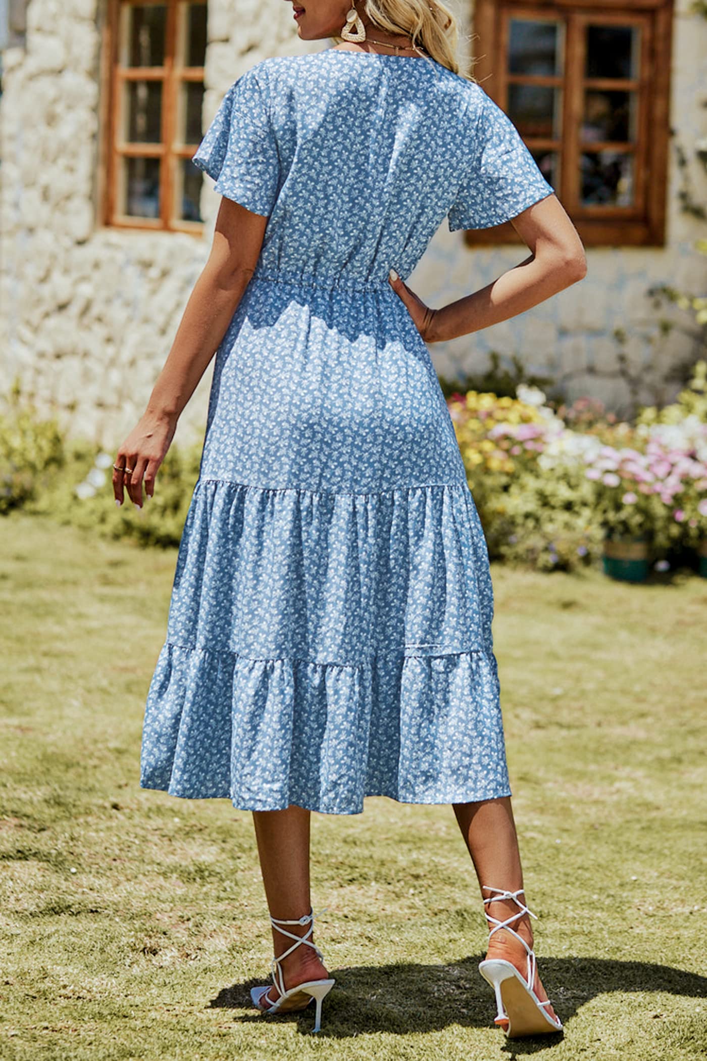 PRETTYGARDEN Women's Floral Boho Dress Casual Short Sleeve V Neck Ruffle Tiered Summer Swing Maxi Dresses(Blue,Medium)