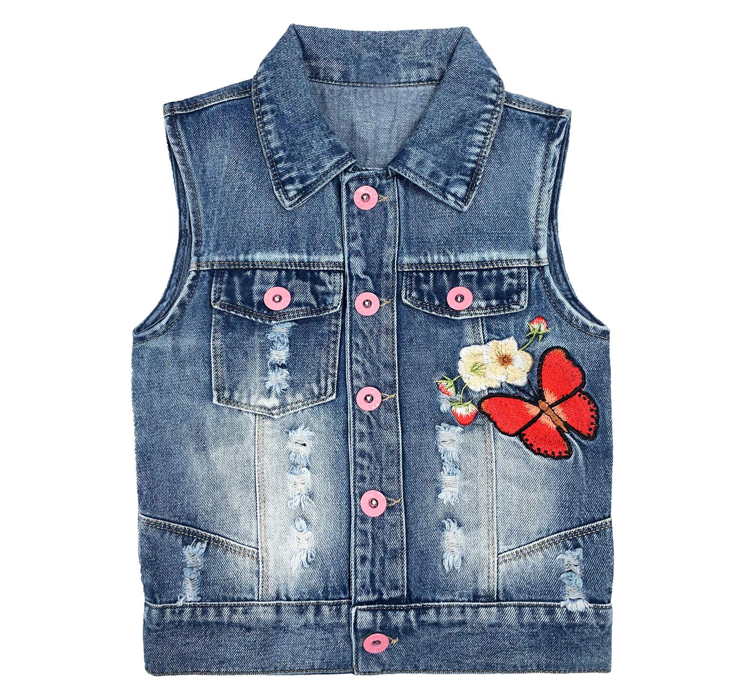 Peacolate Little Big Girl Distressed Sleeveless Jacket Embroidered Sequins Butterfly Denim Vest (Butterfly,6-7Years)