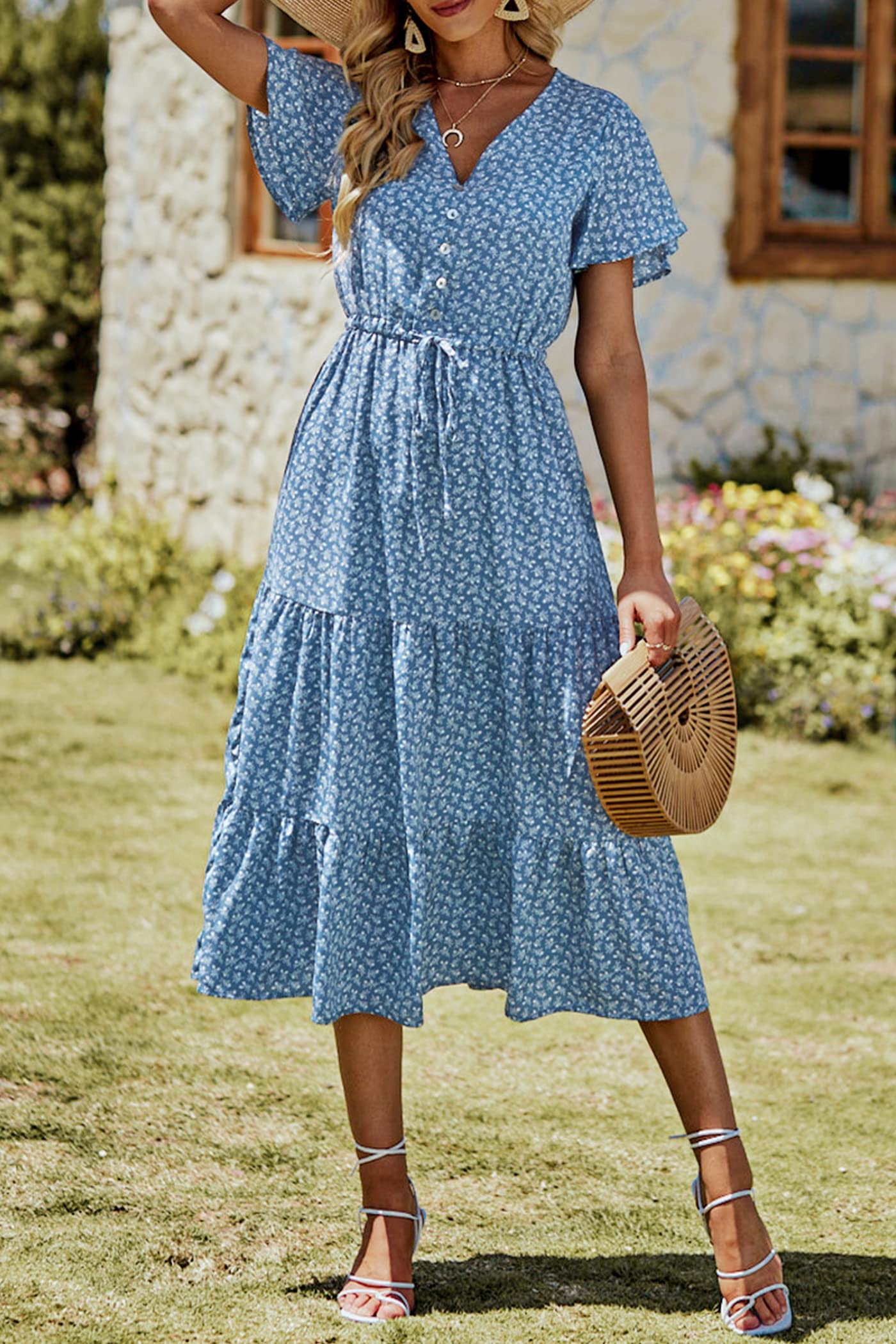 PRETTYGARDEN Women's Floral Boho Dress Casual Short Sleeve V Neck Ruffle Tiered Summer Swing Maxi Dresses(Blue,Medium)