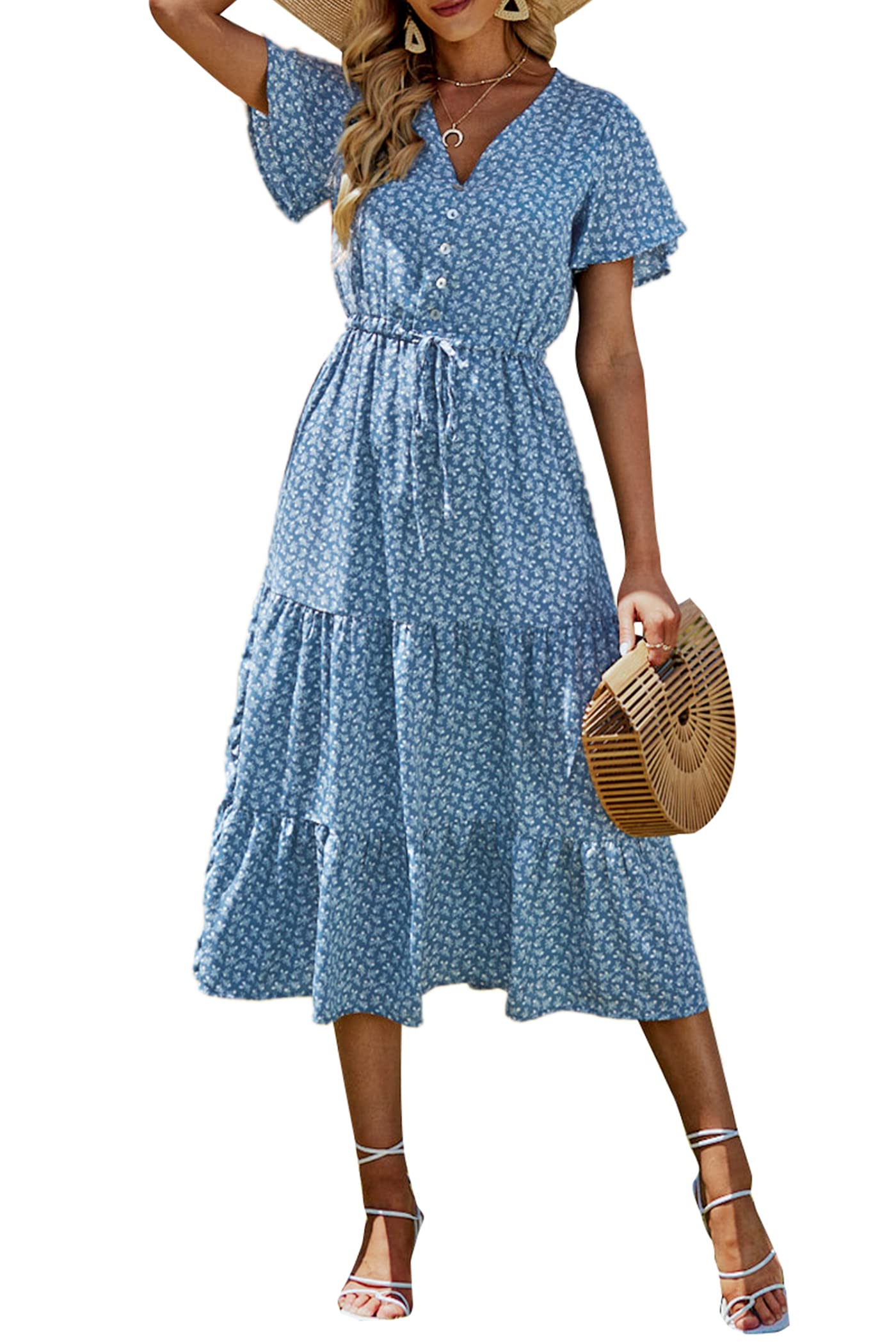 PRETTYGARDEN Women's Floral Boho Dress Casual Short Sleeve V Neck Ruffle Tiered Summer Swing Maxi Dresses(Blue,Medium)