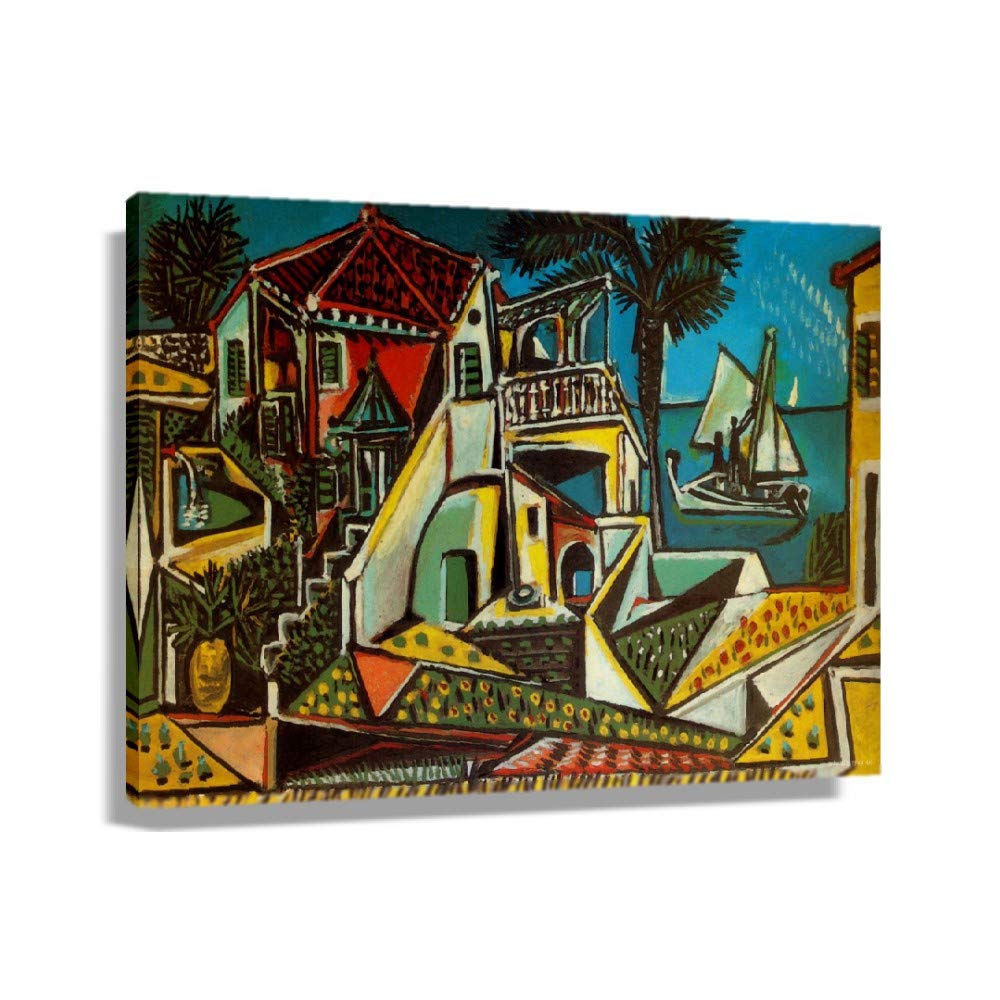 Picasso Famous Mediterranean Landscape Poster Canvas Wall Art for Living Room Decor Pictures Aesthetic Pictures for Kitchen Print Painting Artwork Bathroom Decorations Wall Bedroom Canvas Modern (36x24inch(90x60cm),Framed)