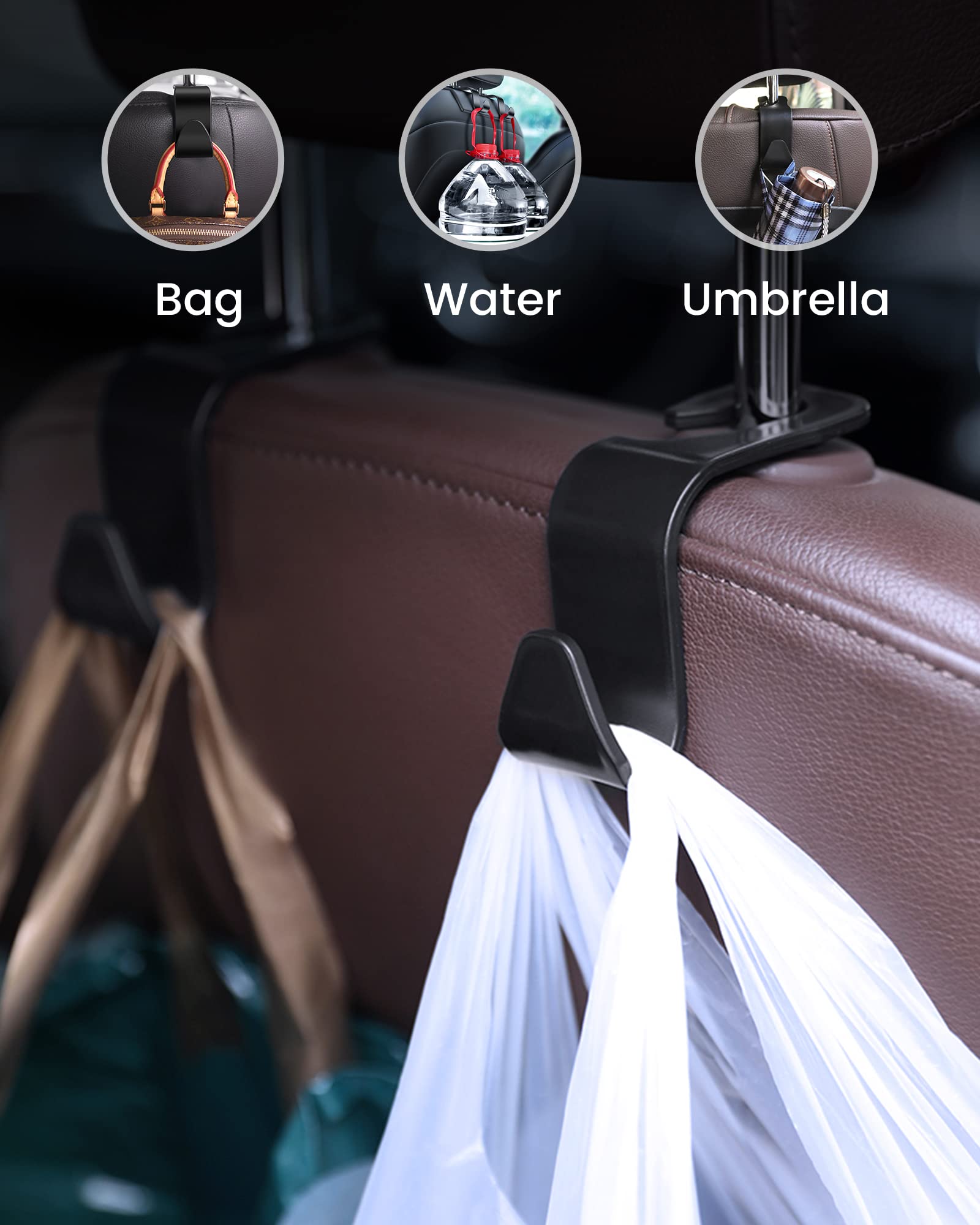 Ouzorp 4 Pack Car Seat Headrest Hooks, Hook Hanger Storage Organizer for Purse Coats Umbrellas Grocery Bags Handbag, Car Interior Accessories