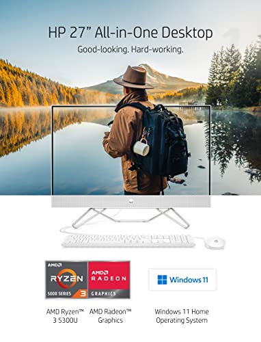P 27โ All-in-One Desktop, AMD Ryzen 3 5300U, 8 GB RAM, 256 GB SSD, Full HD IPS Micro-Edge Display, Windows 11 Home, 4 USB Ports, Pop-up Privacy Camera, Dual Mics, Keyboard and Mouse (27-cb0030, 2021)