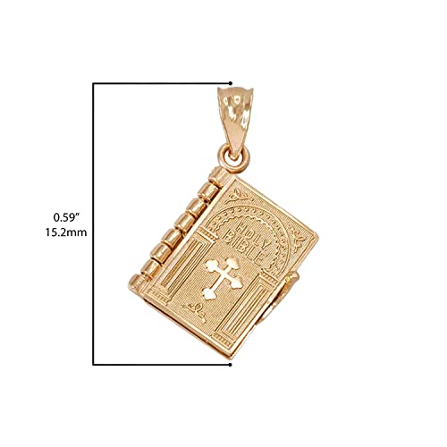 10K Yellow Gold 5/8" 3D Hinged Book with Pages Holy Bible with Lord’s Prayer Bottonee Cross Pendant Charm