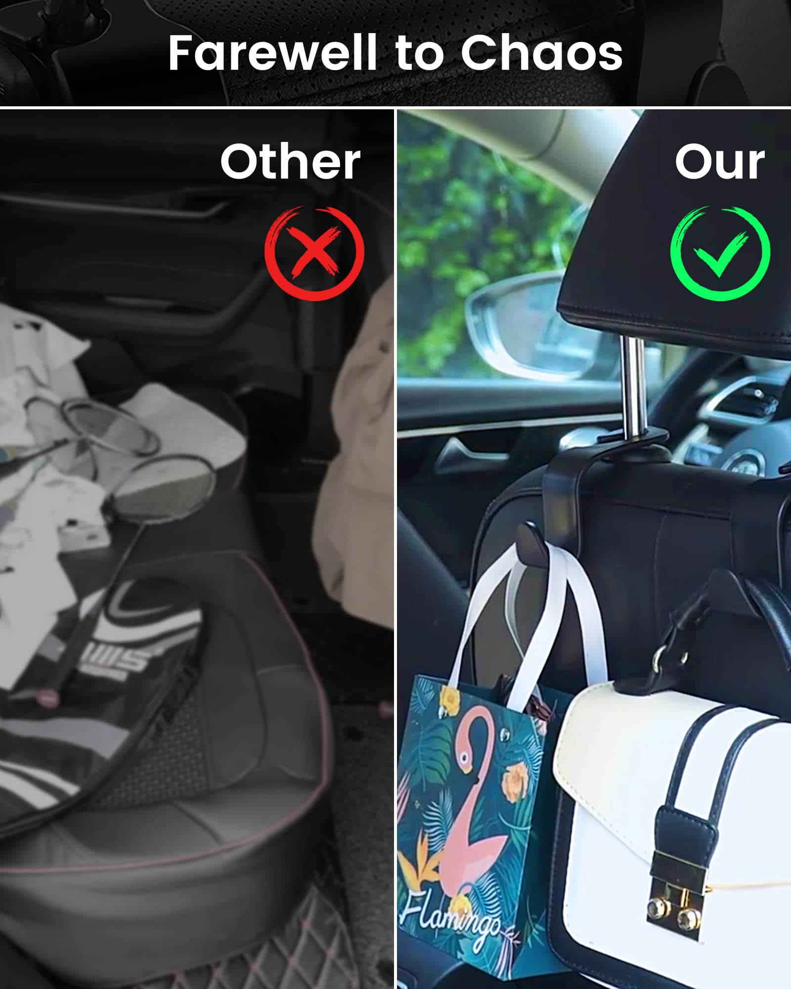 Ouzorp 4 Pack Car Seat Headrest Hooks, Hook Hanger Storage Organizer for Purse Coats Umbrellas Grocery Bags Handbag, Car Interior Accessories