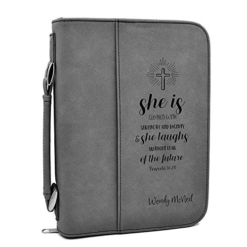 Custom Bible Cover - Proverbs 31:25 - Gray Bible Case with Black Engraving