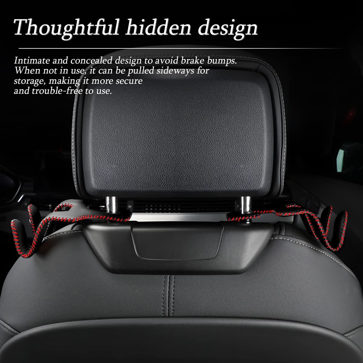 AUCELI Leather Car Seat Headrest Hook, 2 in 1 Auto Back Seat Hanger, 2 Pack Car Storage Holders, Vehicle Backseat Organizer for Purses Coats Umbrellas Bags, Universal Interior Accessories (Black/Red)