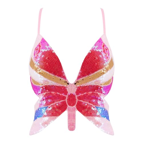 Haoohu Women's Sparkle Butterfly Sequin Crop Top Rave Party Top Shirts