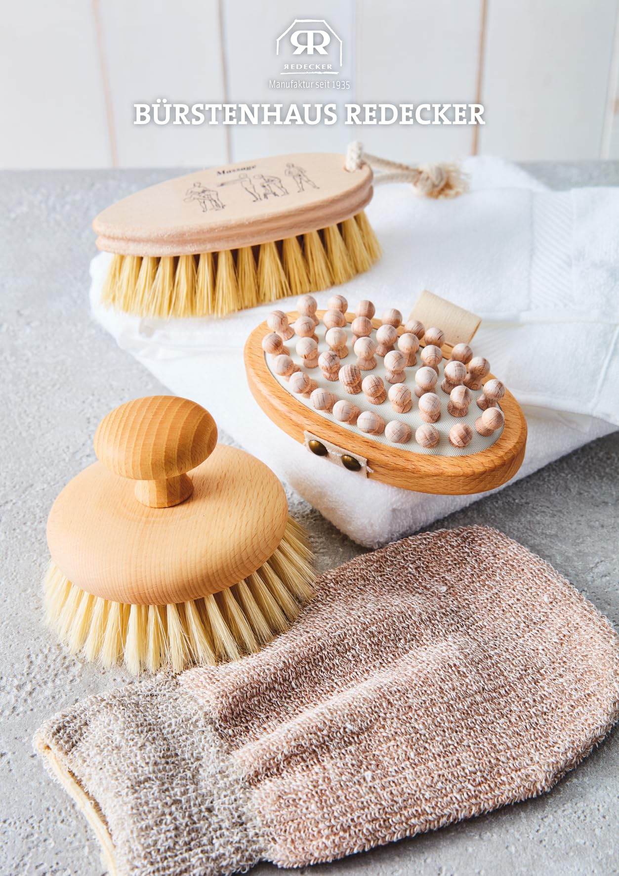 Redecker Natural Tampico Fiber Massage Brush with Oiled Beechwood Knob, 4-Inch Diameter, Made in Germany