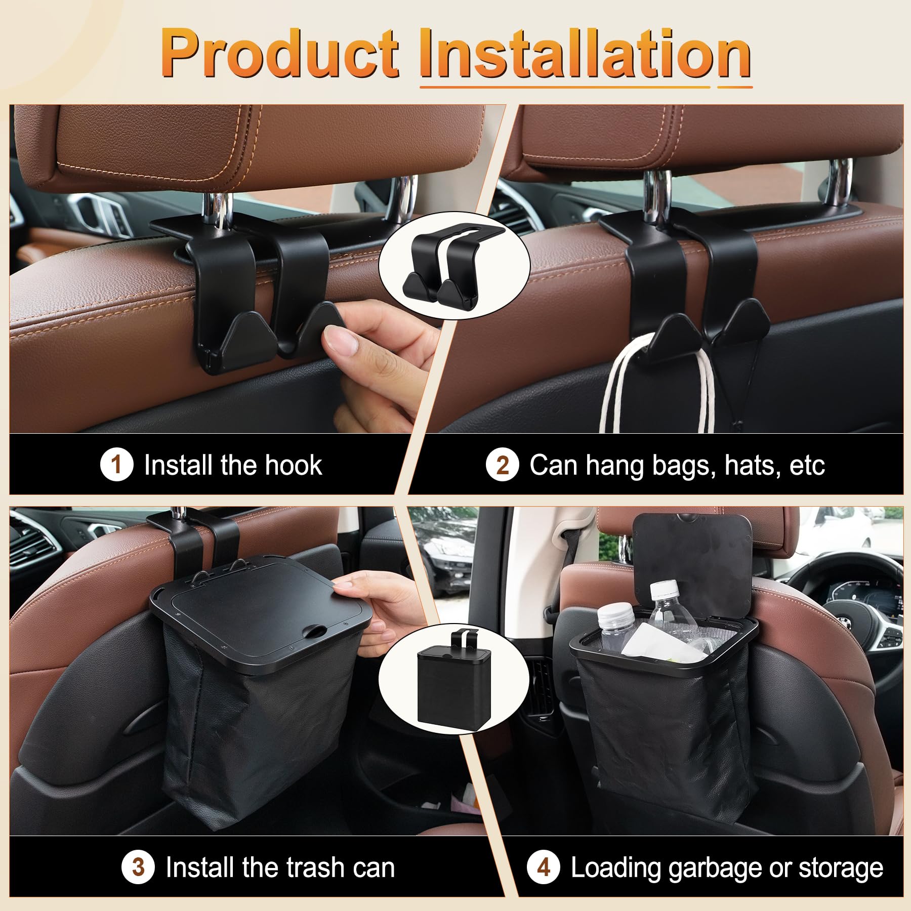 GaRhomxy Car Trash Can, PU Leather, 1.5 Gallon Capacity, Black Color, Foldable Design, Can Also Be Used As Storage Bag