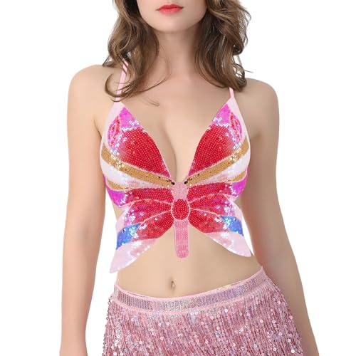 Haoohu Women's Sparkle Butterfly Sequin Crop Top Rave Party Top Shirts