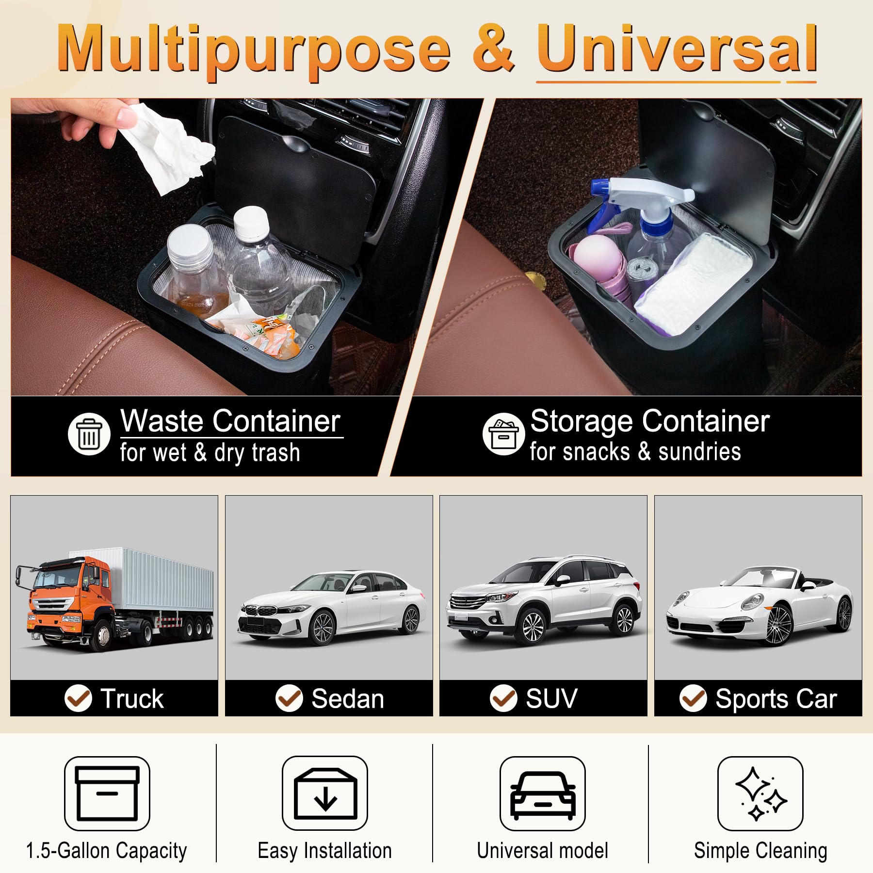GaRhomxy Car Trash Can, PU Leather, 1.5 Gallon Capacity, Black Color, Foldable Design, Can Also Be Used As Storage Bag