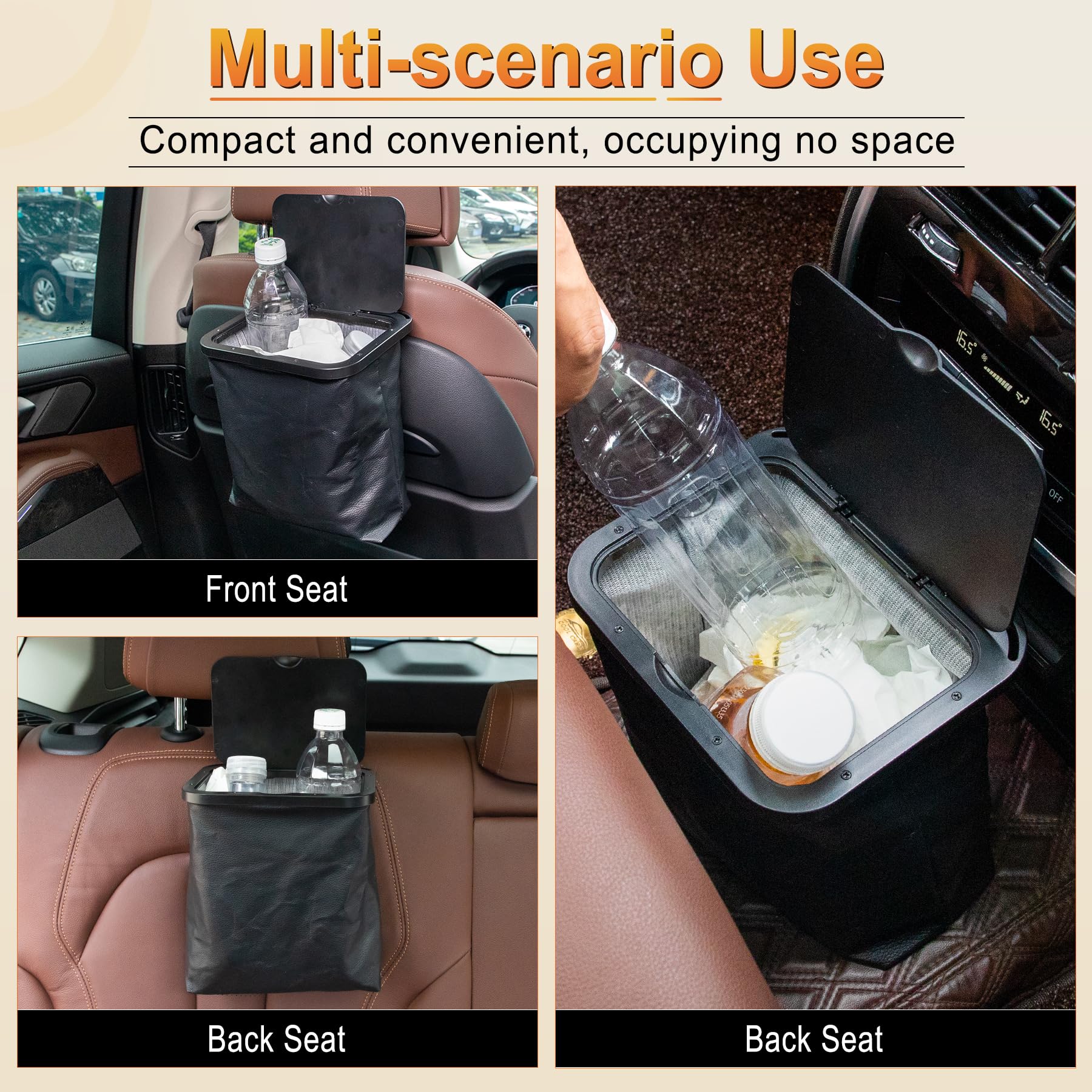 GaRhomxy Car Trash Can, PU Leather, 1.5 Gallon Capacity, Black Color, Foldable Design, Can Also Be Used As Storage Bag