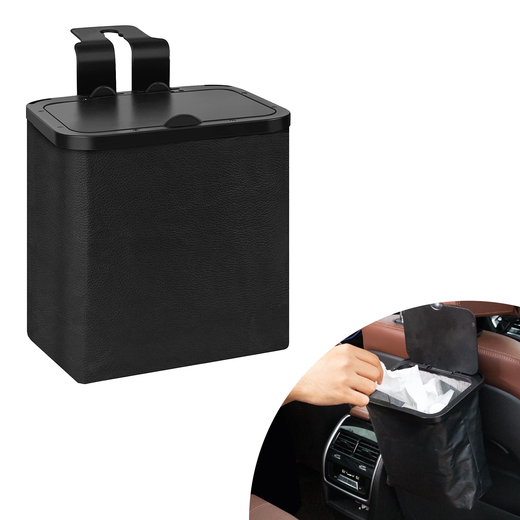 GaRhomxy Car Trash Can, PU Leather, 1.5 Gallon Capacity, Black Color, Foldable Design, Can Also Be Used As Storage Bag