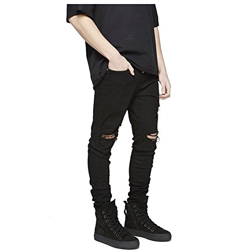 LONGBIDA Men's Slim Fit Ripped Stretch Skinny Jeans for Men, Distressed Tapered Leg Fashion Pants, Black, 42