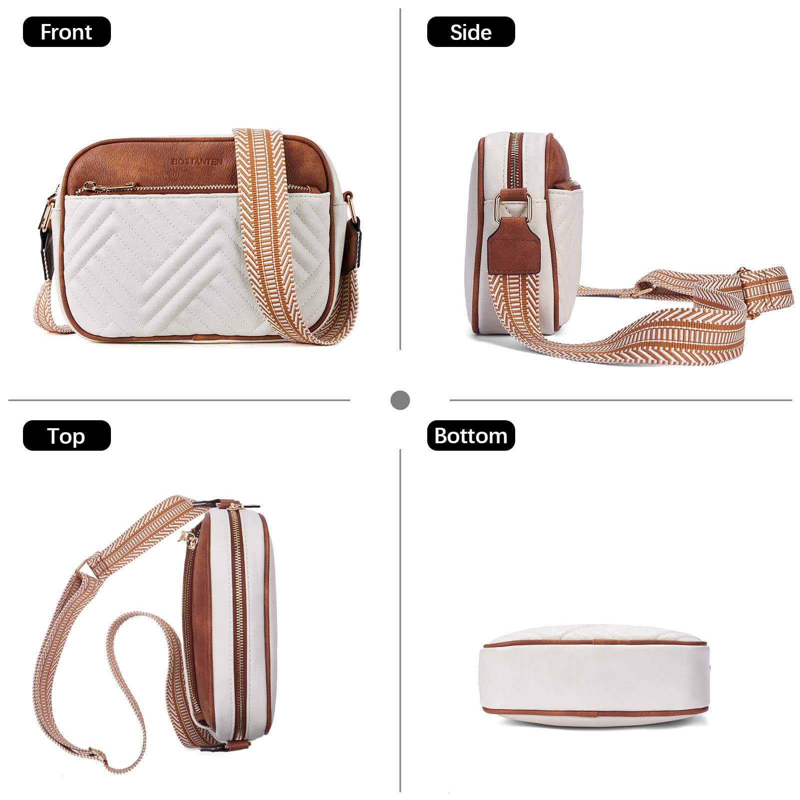 BOSTANTEN Quilted Crossbody Bags for Women Vegan Leather Purses Small Shoulder Handbags with Wide Strap Beige with Brown