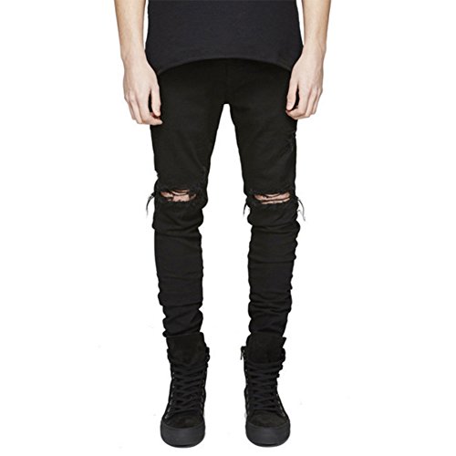 LONGBIDA Men's Slim Fit Ripped Stretch Skinny Jeans for Men, Distressed Tapered Leg Fashion Pants, Black, 42
