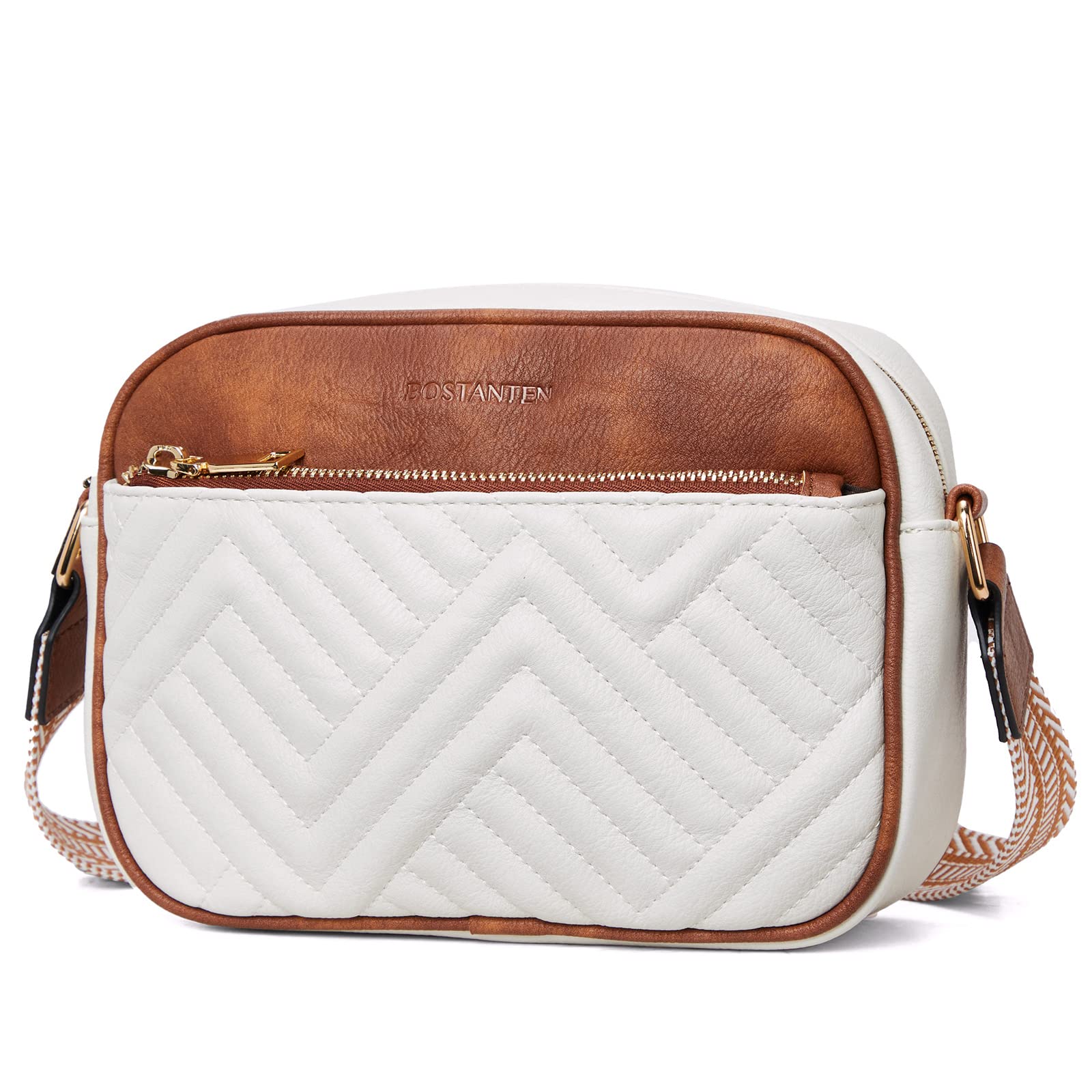 BOSTANTEN Quilted Crossbody Bags for Women Vegan Leather Purses Small Shoulder Handbags with Wide Strap Beige with Brown