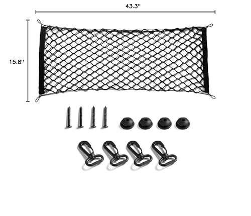 neynavy 1 Pack Car Adjustable Heavy Duty Cargo Net, 43.3" x 15.7" Double-Layer Standing Net, Stretchable Storage Mesh with Hooks, Item Storage Bag, Universal Vehicle Interior (Black)