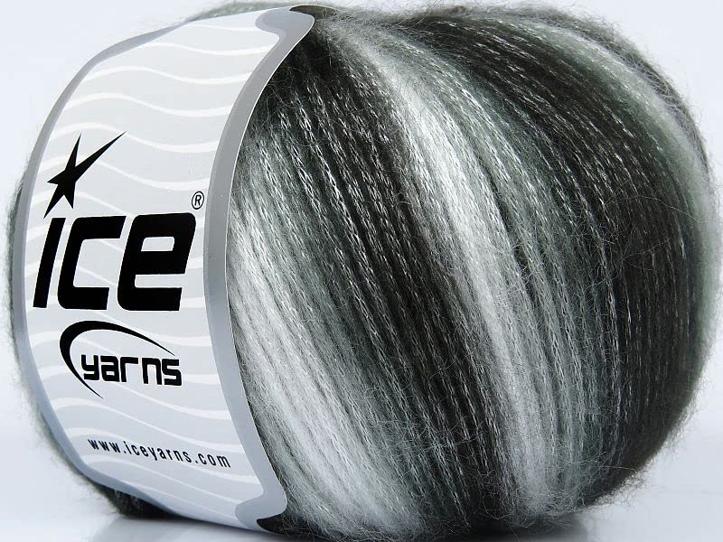 Black, Grey, White Picasso Fuzzy with Subtle Sheen Yarn, Polyester, Acrylic Blend 50 gram 125 Yards