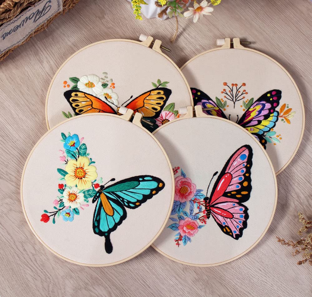 GLTAYLMY 3 Pack Embroidery Kits with Butterfly Pattern for Beginner Adults,Cross Stitch Kits with 1 Plastic Embroidery Hoops,Needles and Color Threads,Needlepoint Kit for Adults