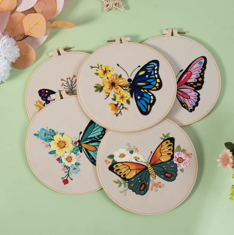 GLTAYLMY 3 Pack Embroidery Kits with Butterfly Pattern for Beginner Adults,Cross Stitch Kits with 1 Plastic Embroidery Hoops,Needles and Color Threads,Needlepoint Kit for Adults