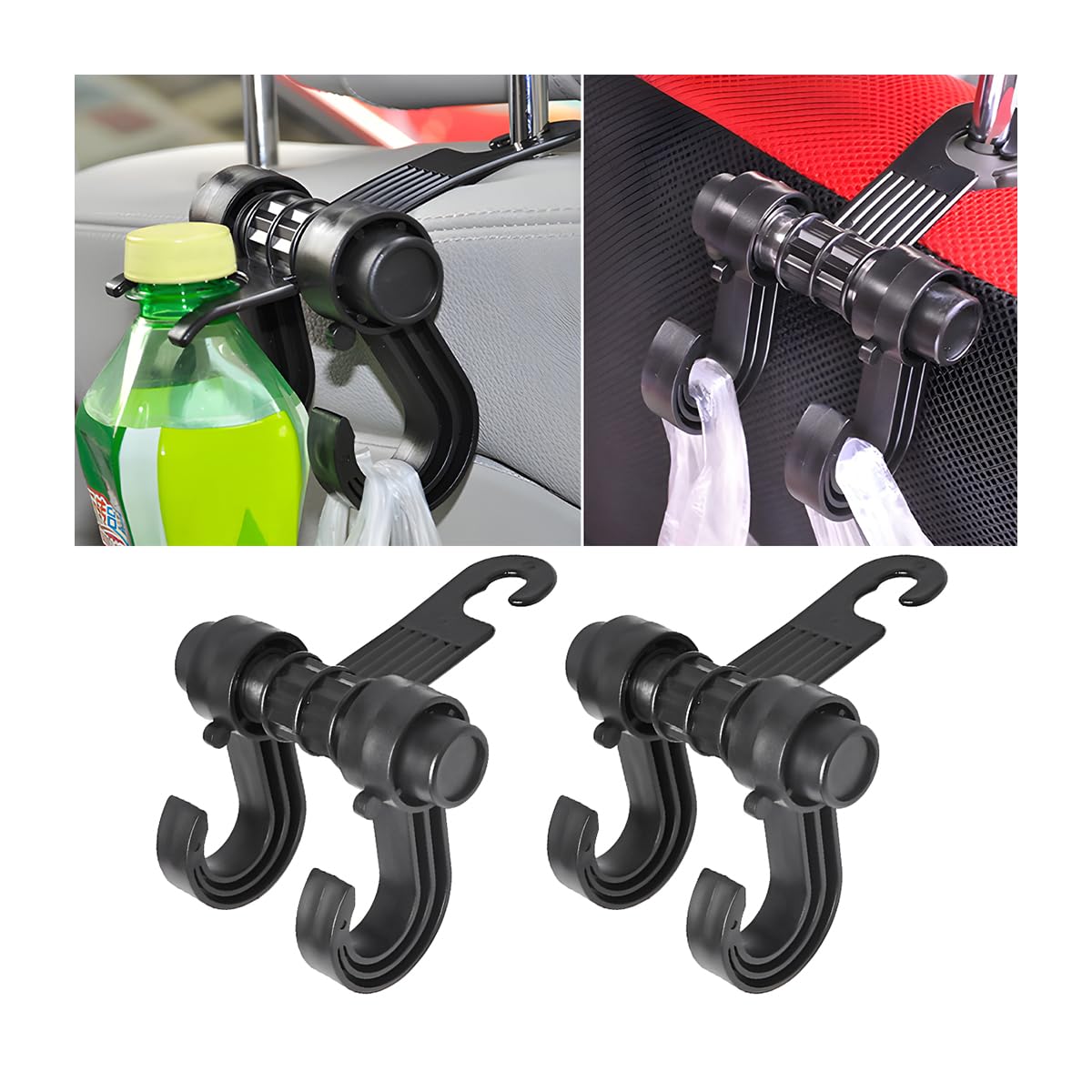 BELOMI 2PCS Car Seat Headrest Hook, 360° Adjustable Storage Double Hooks, Multi-Functional Swivel Organizer, Vehicle Backseat Hanger Interior Accessories for Handbag Purse Cloth Grocery