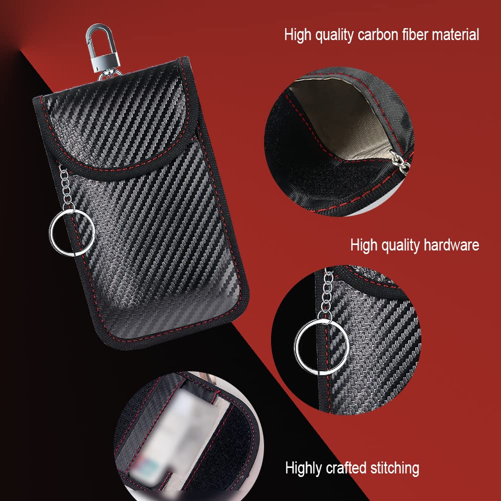 Middrivr 2Pcs Car RFID Signal Blocking Key Fob Protector, Signal Blocker Pouch for Car, RFID Security Shield Bag, Universal Carbon Fiber Anti-Theft Car Keys Faraday Pouch with Keychain Holder