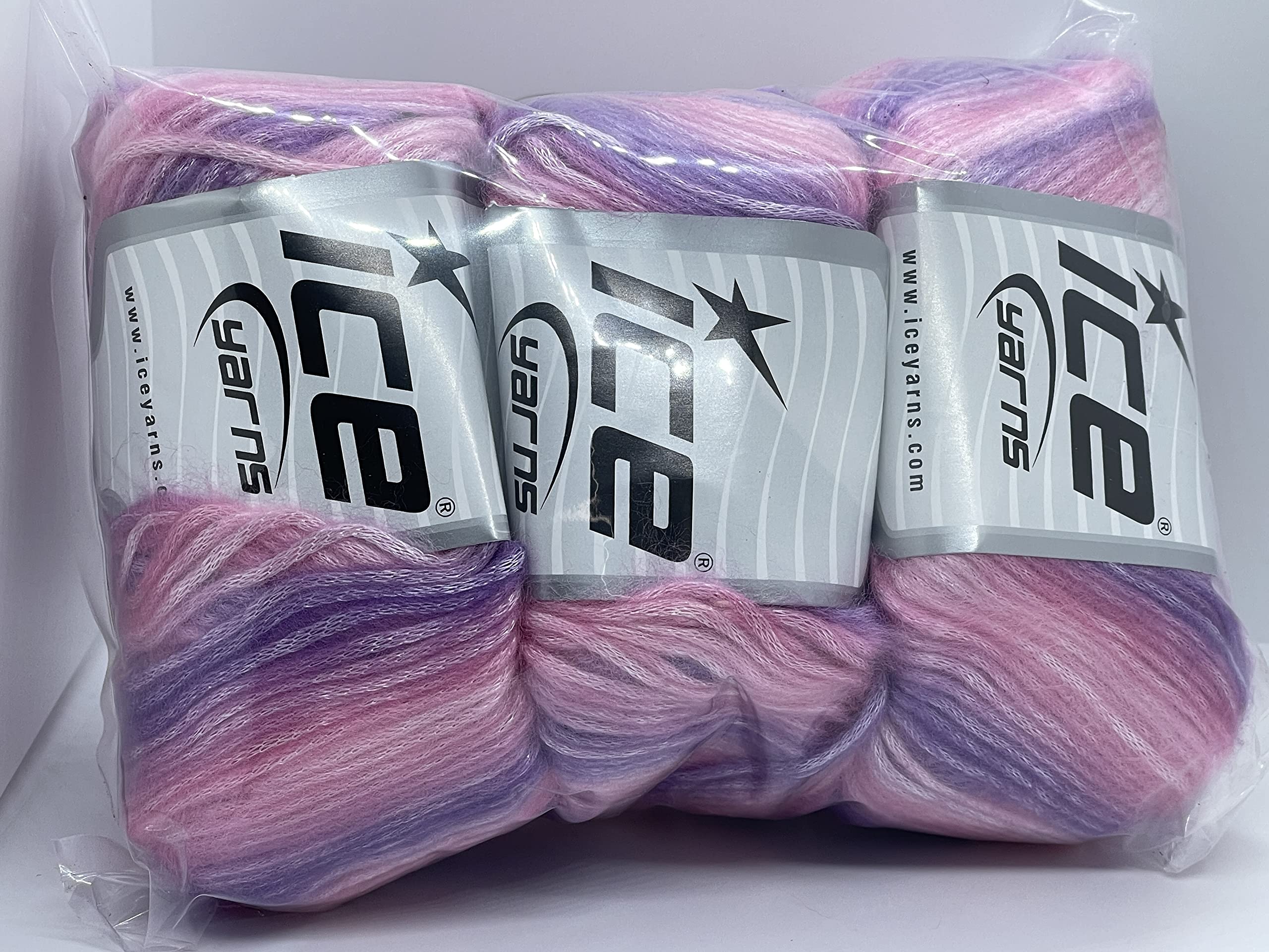 Ice Yarns Picasso 3 Pack - Pinks and Lilacs, Fuzzy with Subtle Sheen Worsted Weight, 3x125 Yards (3x115meters) 3x1.76 Ounces (3x50 Grams)