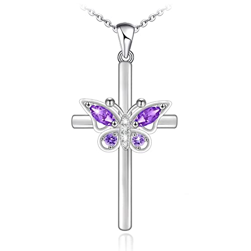 Distance Cross Necklace for Women 925 Sterling Silver Jewelry Pendant Necklace for Mom Wife Gift for Mother's Day or Birthday (Butterfly Purple Cross Necklace)