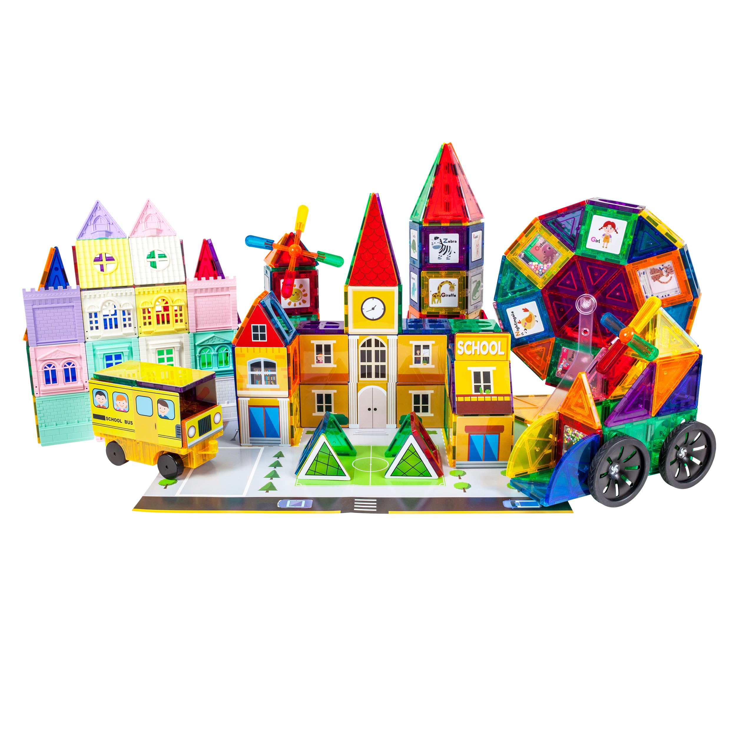 PicassoTiles Master Builder Magnetic Early Educational Toy Building Block Kit with 3 in 1 Playboard for Kid,Baby Ages 3 and Up, STEM Construction with School, Bus, Hospital, Police Station, 300 Piece