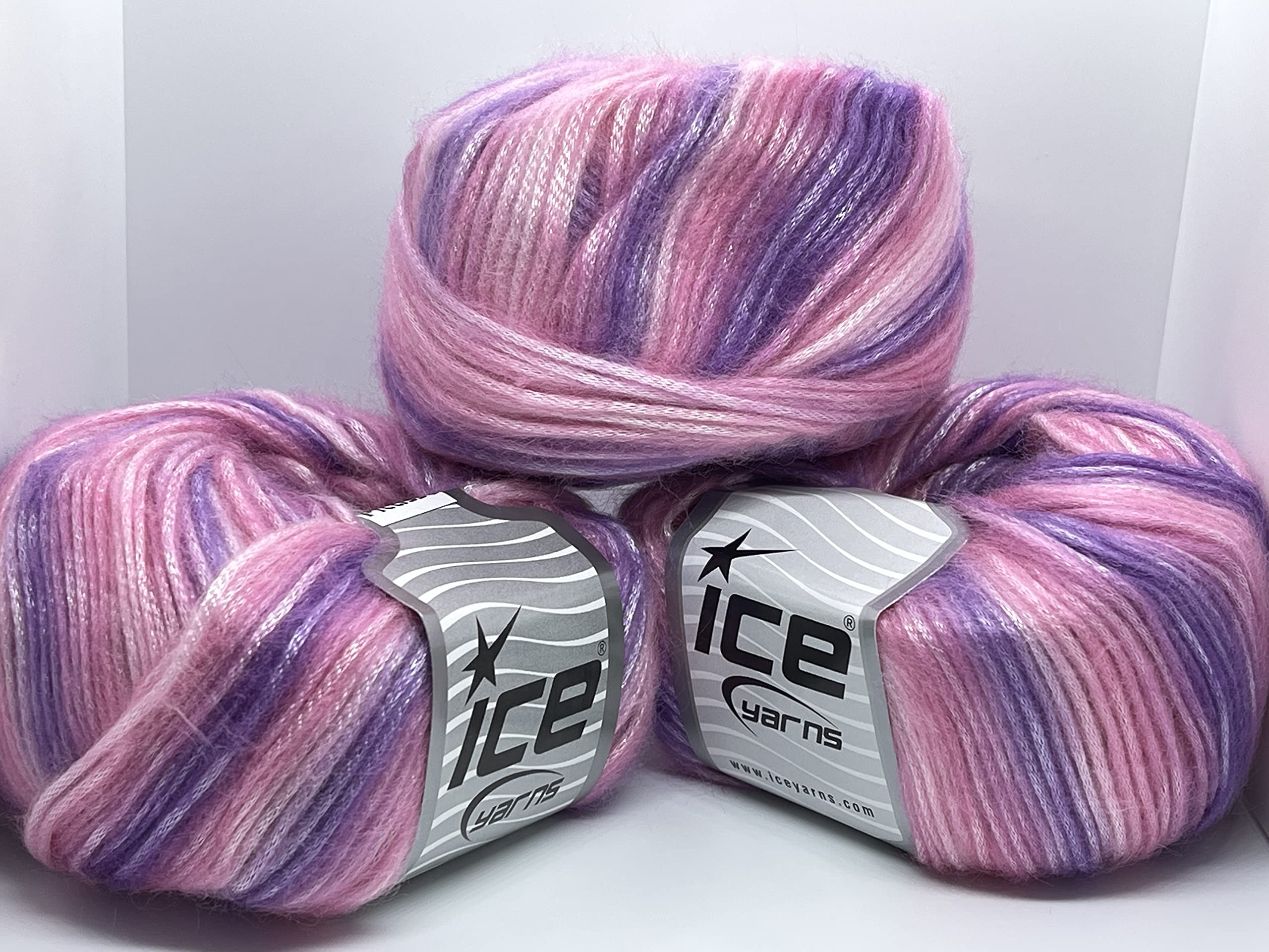 Ice Yarns Picasso 3 Pack - Pinks and Lilacs, Fuzzy with Subtle Sheen Worsted Weight, 3x125 Yards (3x115meters) 3x1.76 Ounces (3x50 Grams)