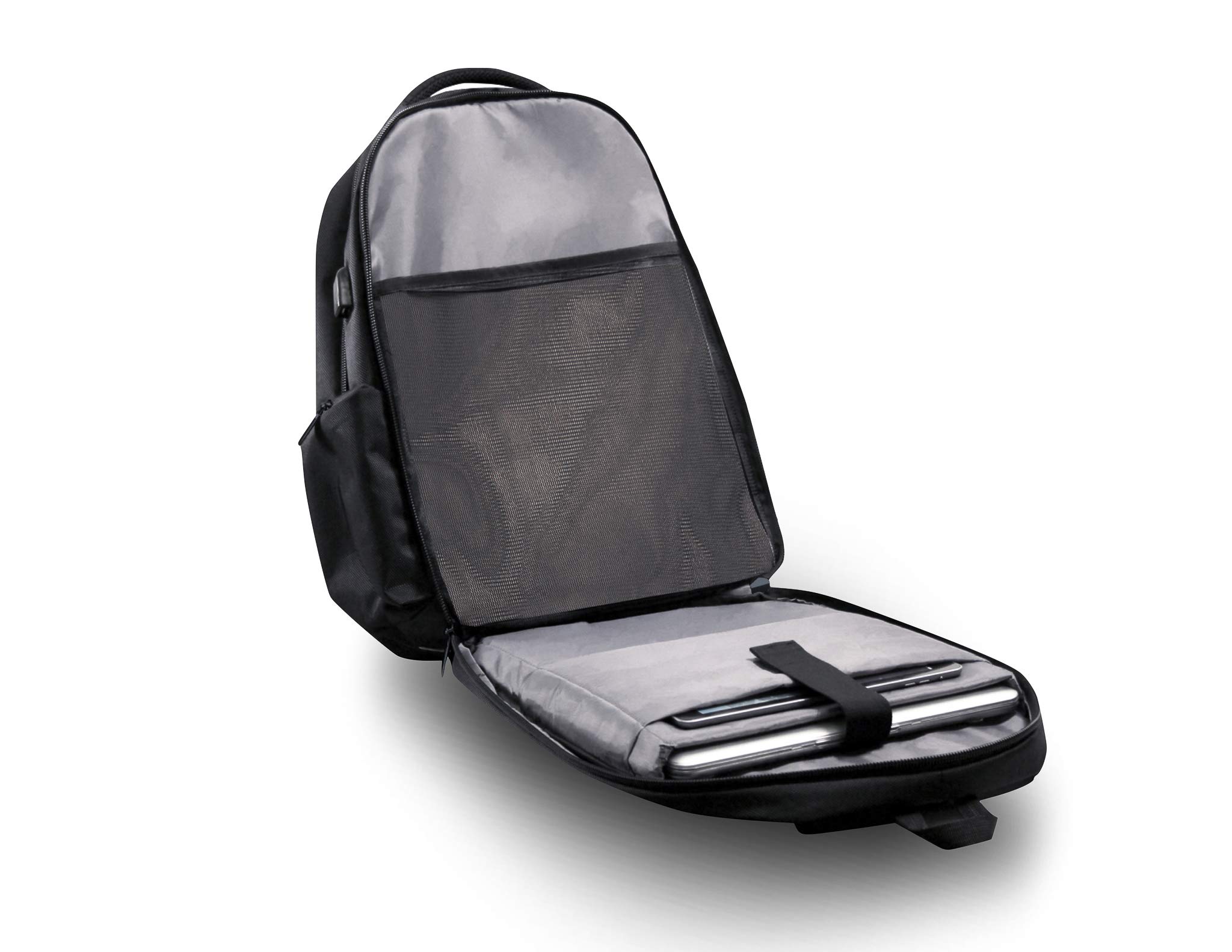 Shelby Vault Black Backpack | 1680D Polyester with Leatherette Trim and an Embroidered Shelby Logo | USB Port | TSA/Checkpoint Friendly Padded Sleeve that fits up to a 17" Laptop and a Tablet
