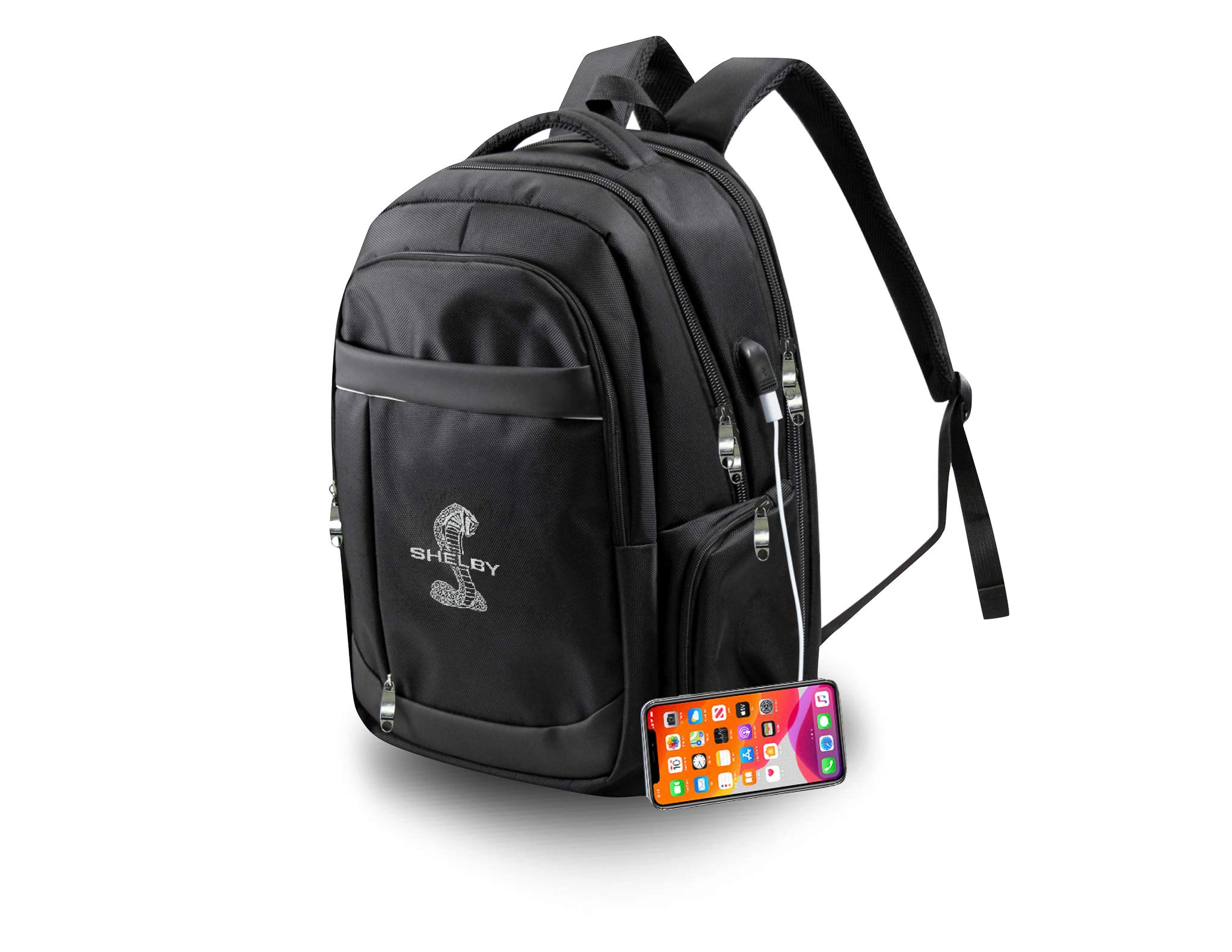 Shelby Vault Black Backpack | 1680D Polyester with Leatherette Trim and an Embroidered Shelby Logo | USB Port | TSA/Checkpoint Friendly Padded Sleeve that fits up to a 17" Laptop and a Tablet