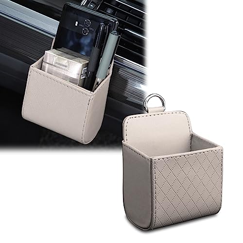 Fogfar 1 PC Car Air Vent Storage Bag, Car Leather Multi-functional Box, Used for Mobile Phones, Key Racks, Sunglasses Storage Boxes, Suitable for Most Cars (Beige)