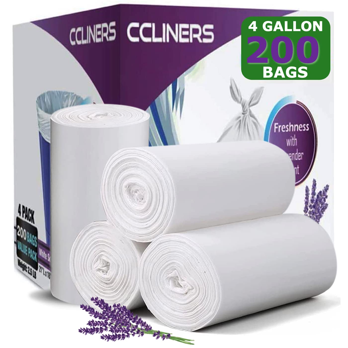 4 gallon Trash Bags Lavender Scented (200 Count) Small Trash Bags CCLINERS White Bathroom Garbage Bags 15 Liter Trash Bags Diaper Bags Mini Wastebasket Can Liners for Home Office Bins (200 Bags)