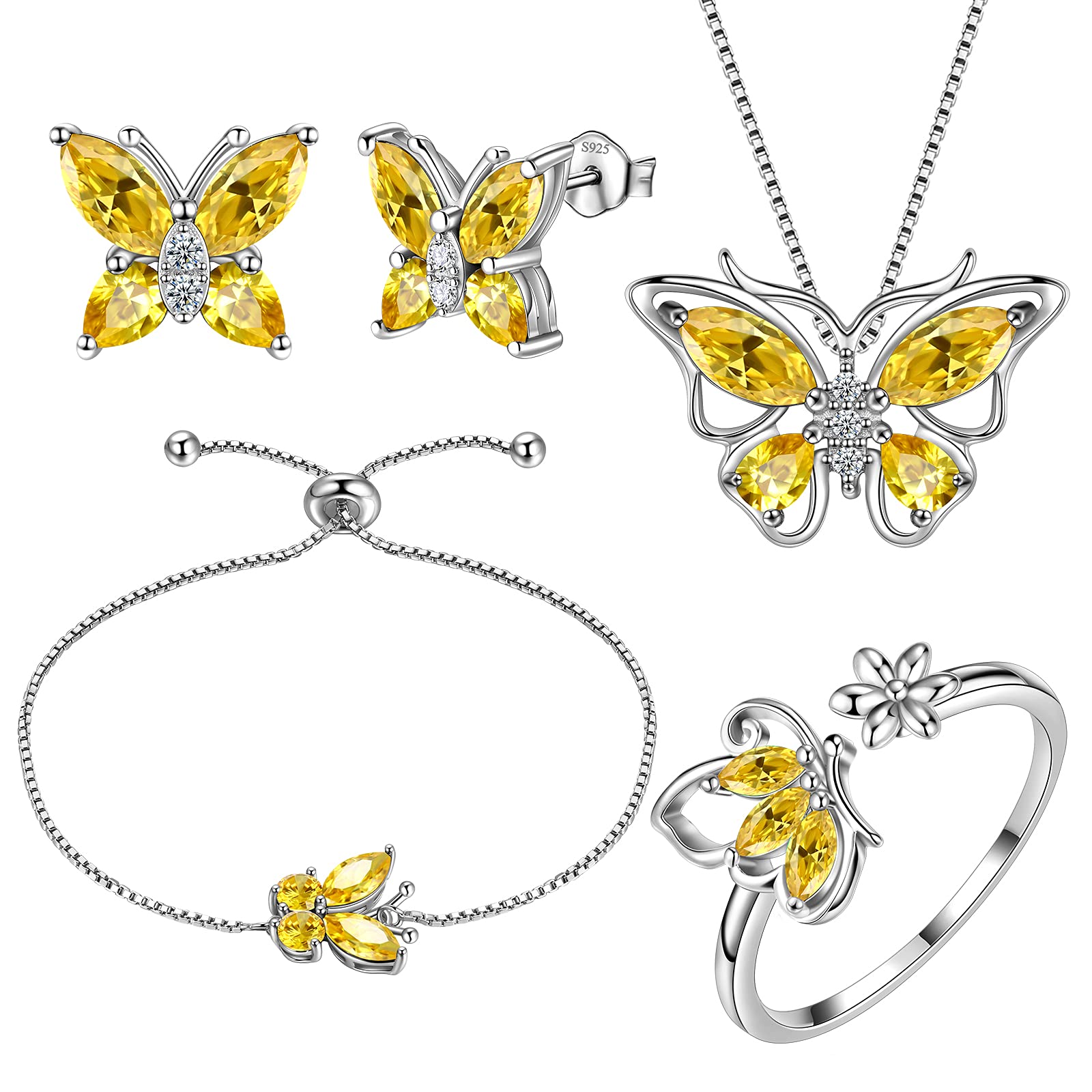 Aurora Tears Butterfly Jewelry Set,925 Sterling Silver Butterflies November-Citrine Birthstone Pendant Necklace/Earrings/Rings/Bracelets for Wedding Gift