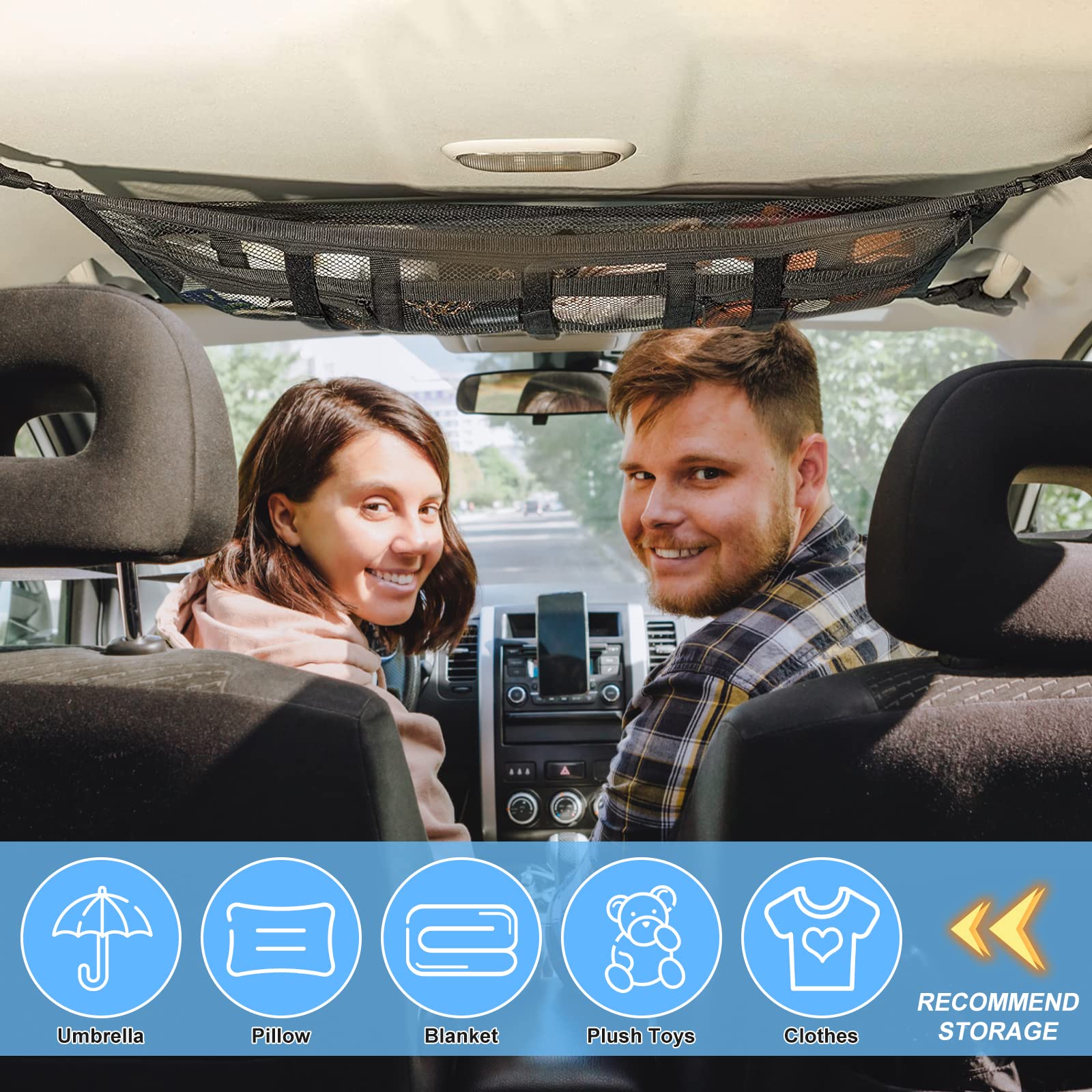 Car Ceiling Cargo Net Pocket Storage Net,30.7βx20.8β,Strengthen Load-Bearing Adjustable Double-Layer Mesh Car Roof Organizer for SUV Long Trip Camping