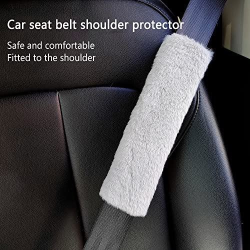 2PCS Fluffy Seat Belt Cushion - Extra Soft Rabbit Faux Fur for Seatbelt Covers - Great for Cold Weather,Car Seat Strap and Backpacks Comfort (Grey)